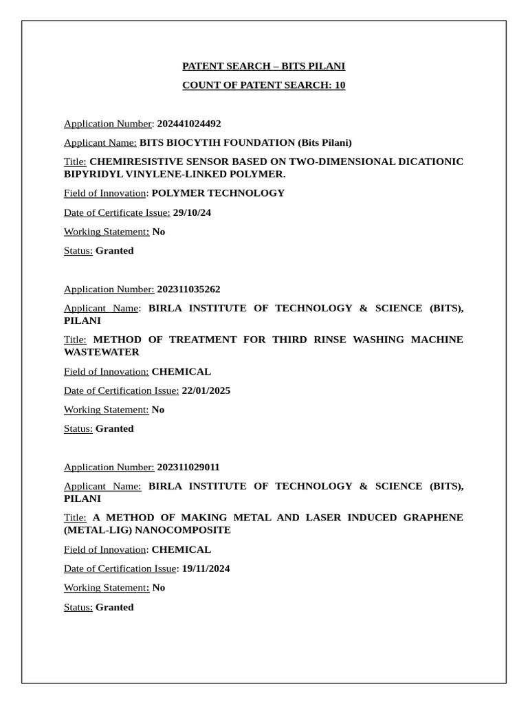 PATENT SEARCH (Bits Pilani) | PDF | Nanotechnology | Materials Science