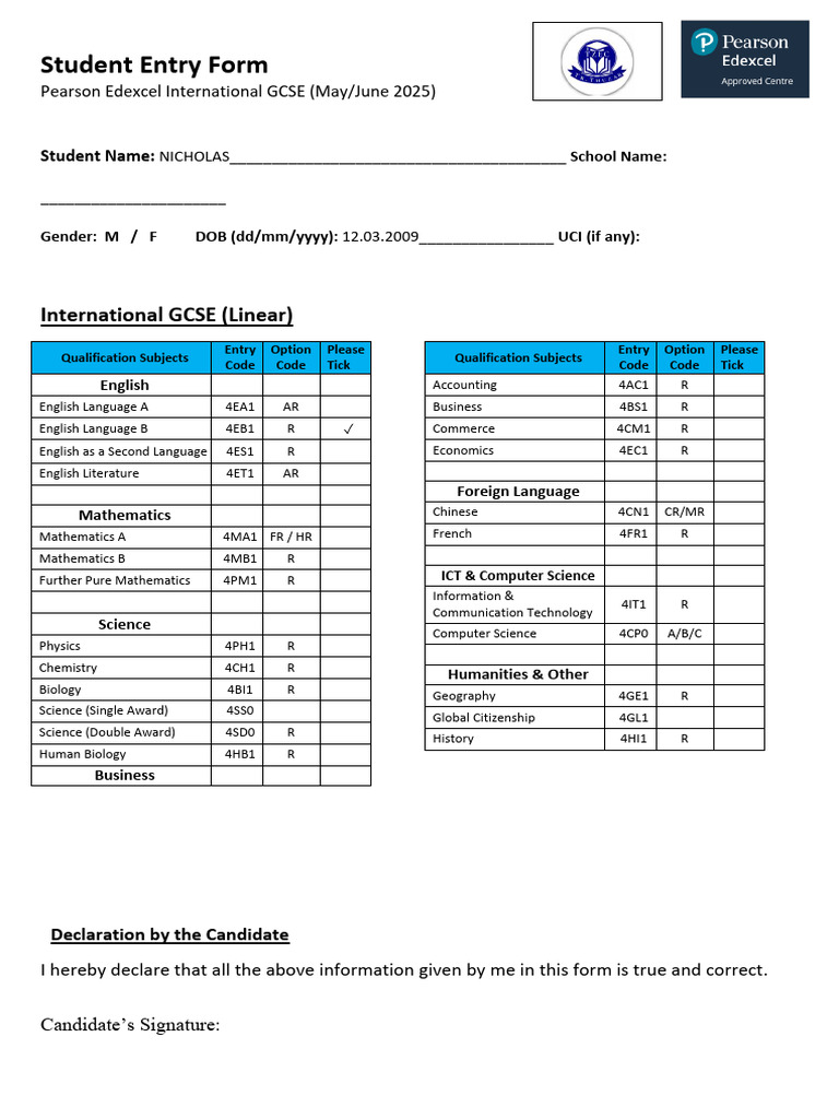 2025-05 Ig Student Entry Form (With 4XES2) | PDF