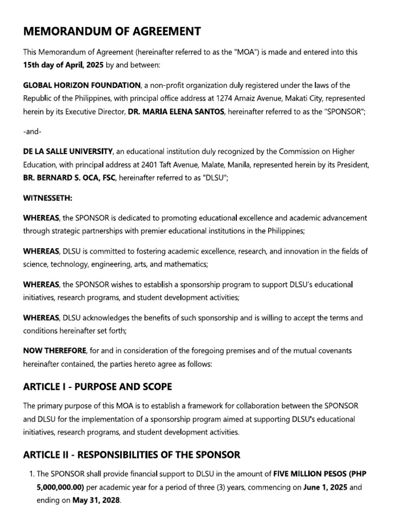 De La Salle University (DLSU) - Sponsorship | PDF
