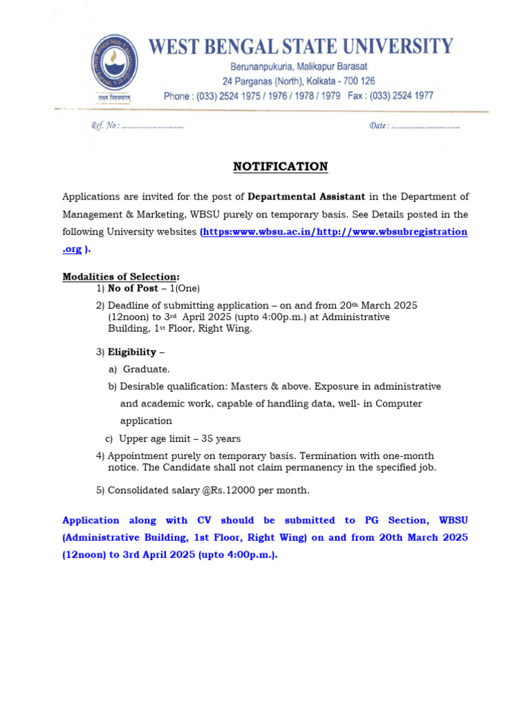 Advertisement For Departmental Assistantpurely Temporary Under The Dept ...