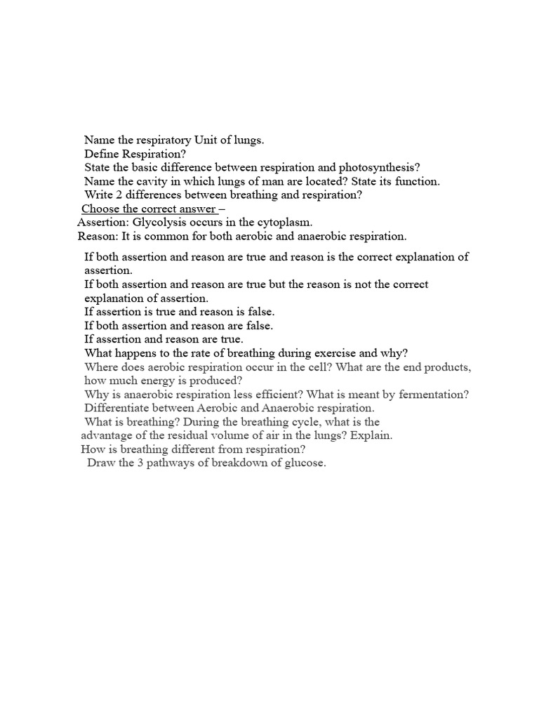 X - Biology - Life Processes (Respiration) - Worksheet 1 | PDF