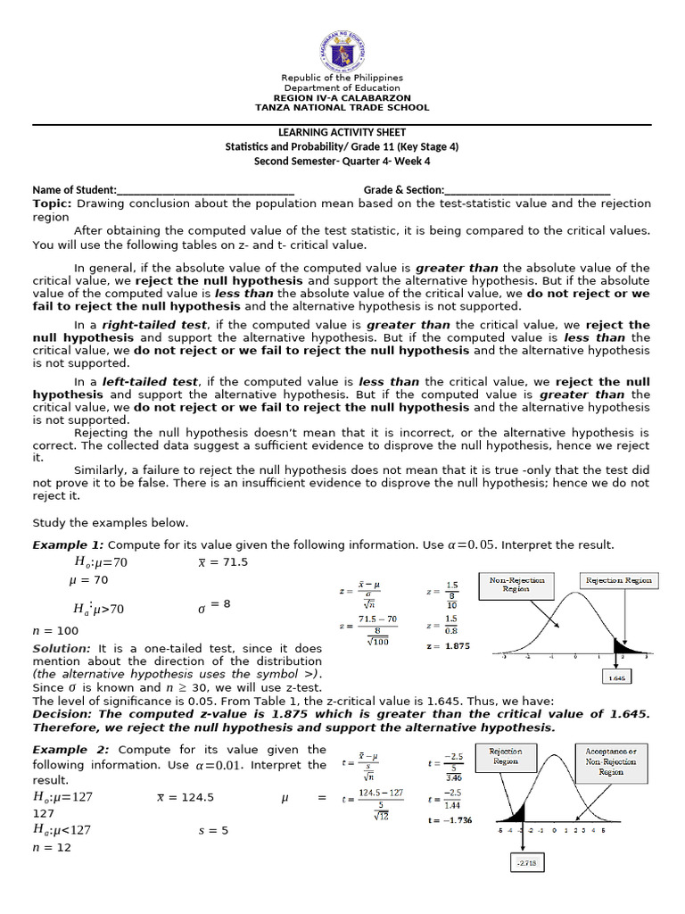 LAS StatProb Q4 Week4 | PDF | Null Hypothesis | Hypothesis