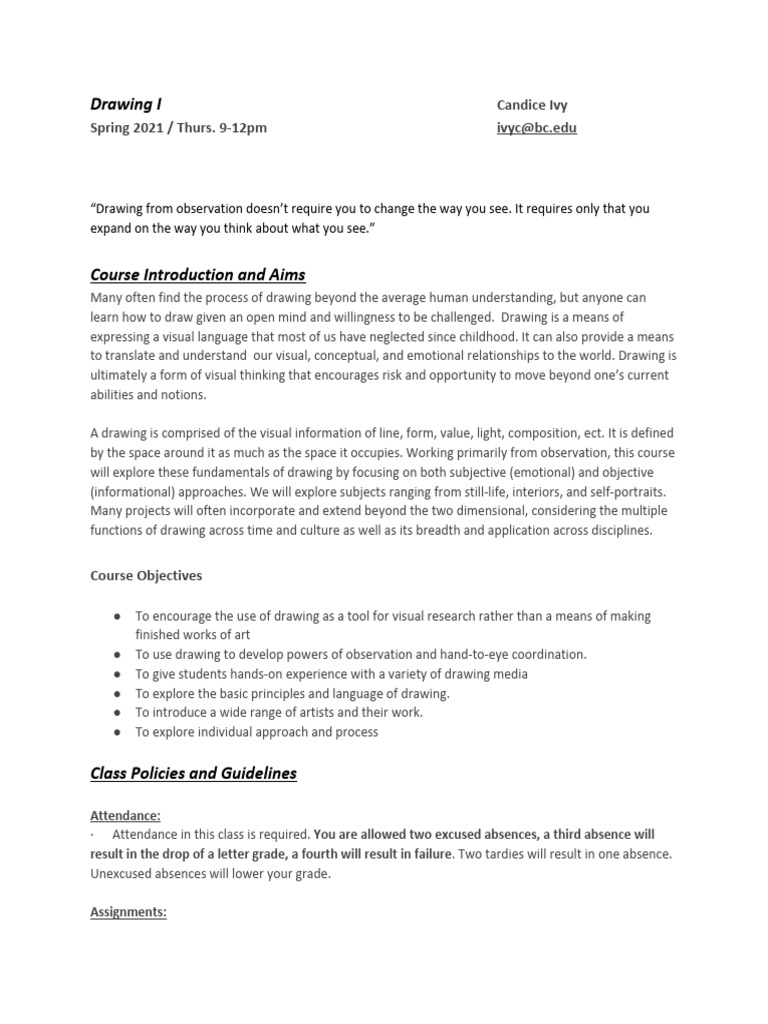 Drawing 1 Syllabus Boston College | PDF | Drawing | Pencil