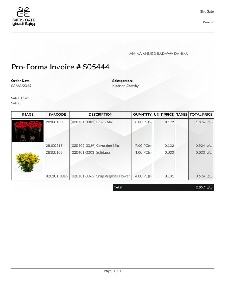 Pro-Forma Invoice for Flower Order | PDF