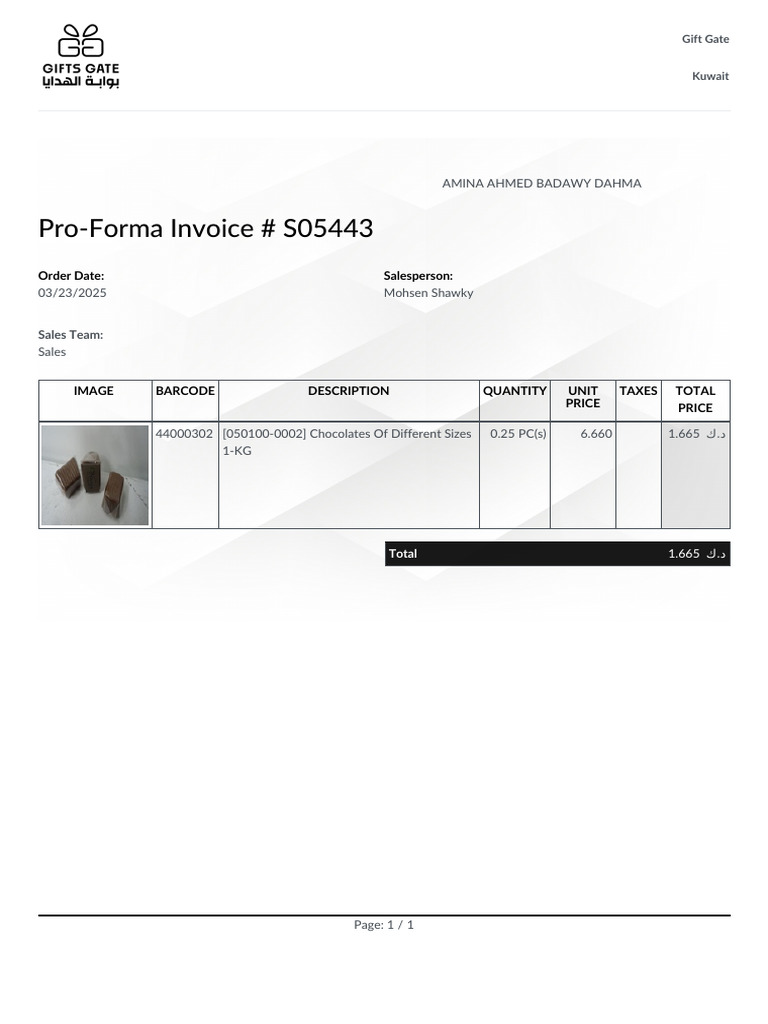Pro-Forma Invoice for Chocolates Order | PDF
