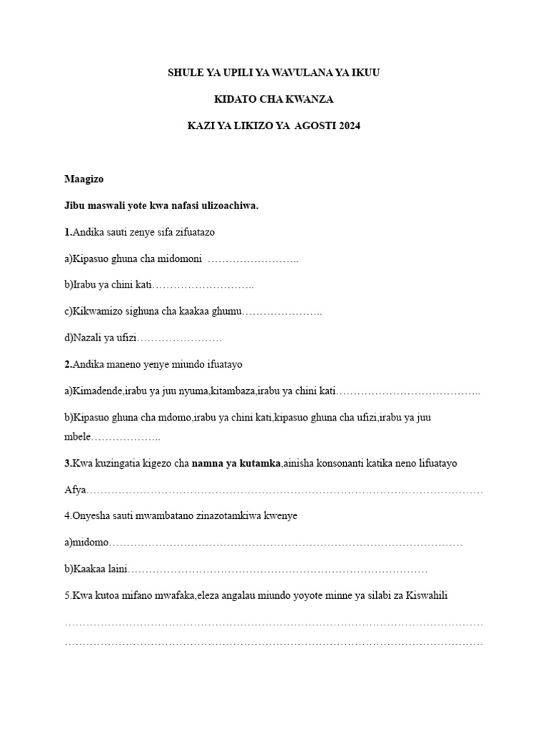 Kazi Ya Likizo Ya Agosti 2024. Assignments - Form 1 - Kiswahili | PDF