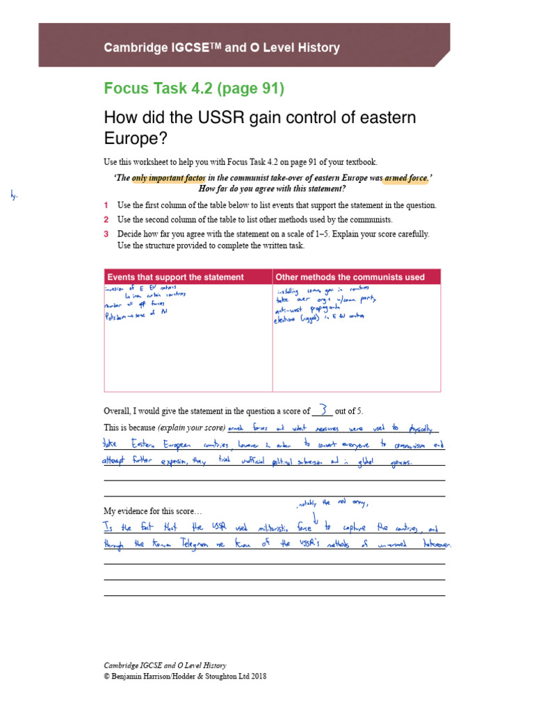 Worksheet - Focus Task 4.2 - How Did The USSR Gain Control of Eastern ...
