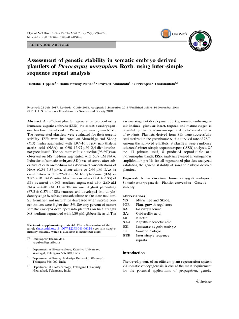 Assessment of Genetic Stability in Somatic Embryo Derived Plantlets of Pterocarpus Marsupium ...