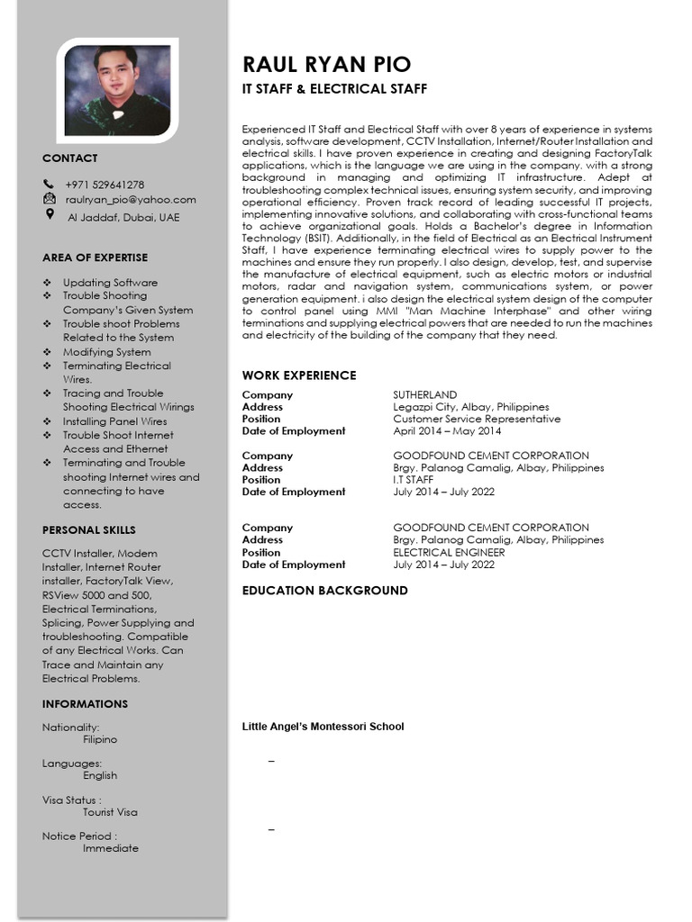 RAUL-RYAN-PIO-CV_IT STAFF and Electrical Engineering | PDF | Safety | Computing