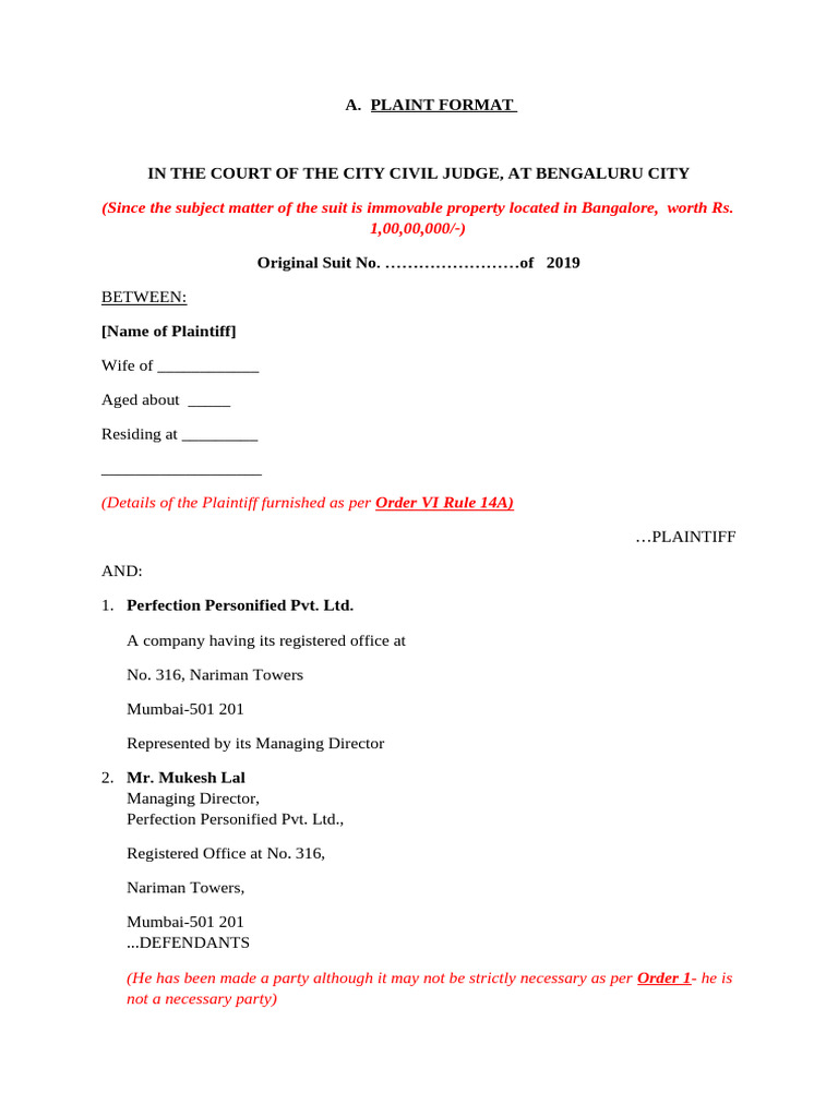 PLAINT FORMAT (Specific Performance) | PDF | Lawsuit | Affidavit