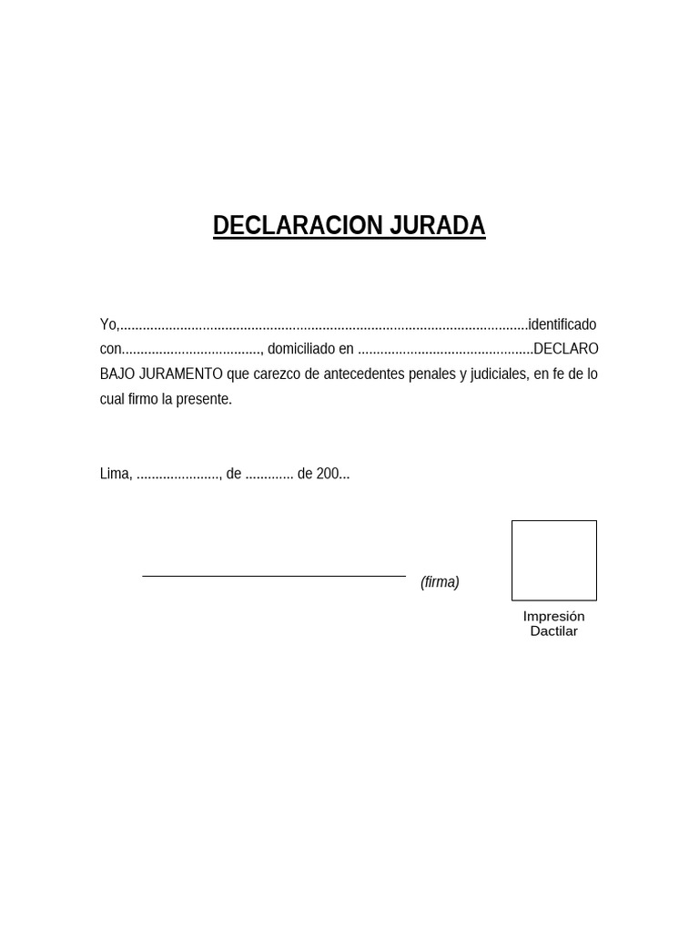 Modelo de Formato Declaración Jurada | PDF