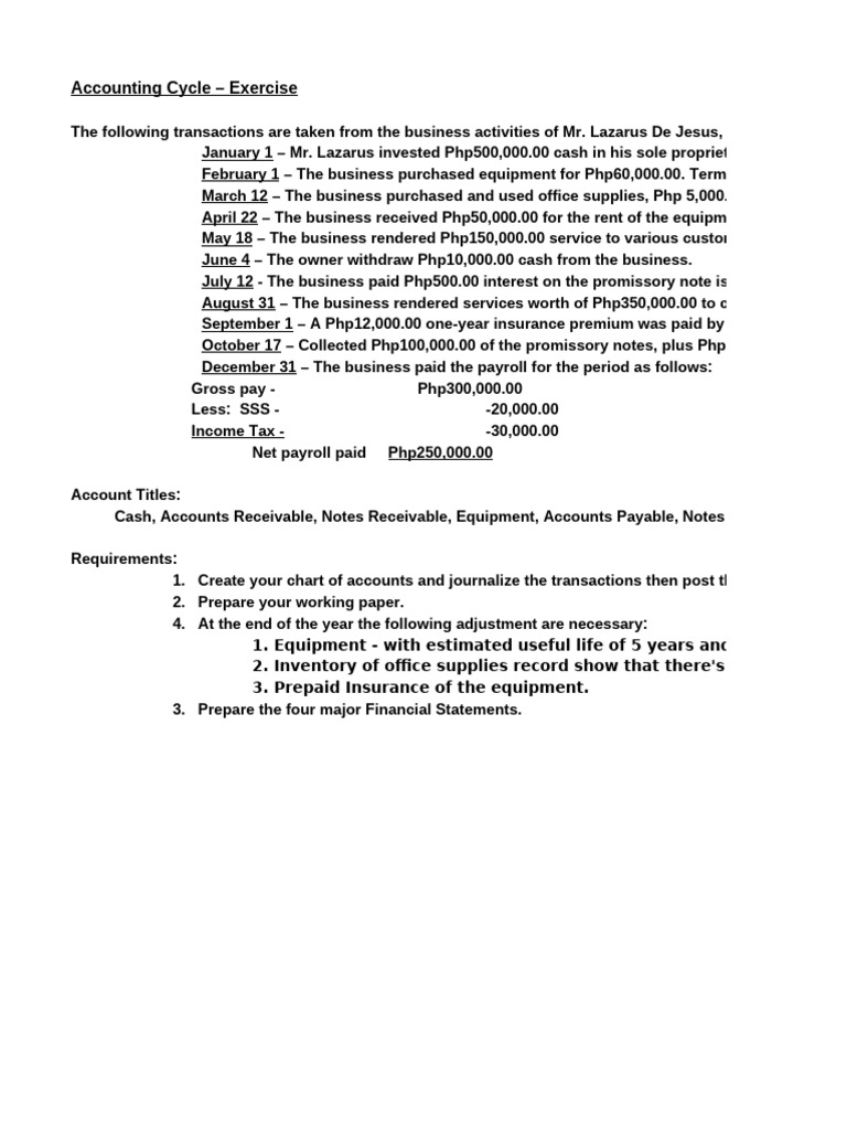 Accounting Cycle Exercise for Sole Proprietorship | PDF | Expense ...