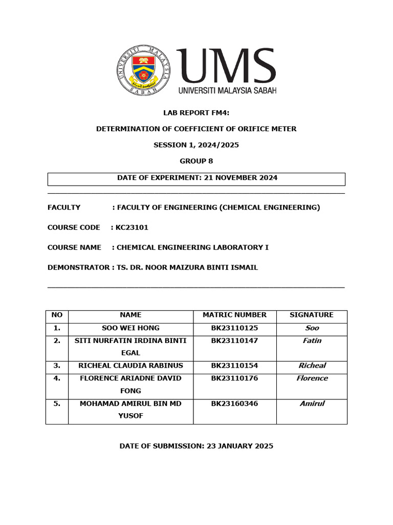 G8 FM4 Determination of Coefficient of Orifice Meter | PDF | Flow Measurement | Fluid Dynamics