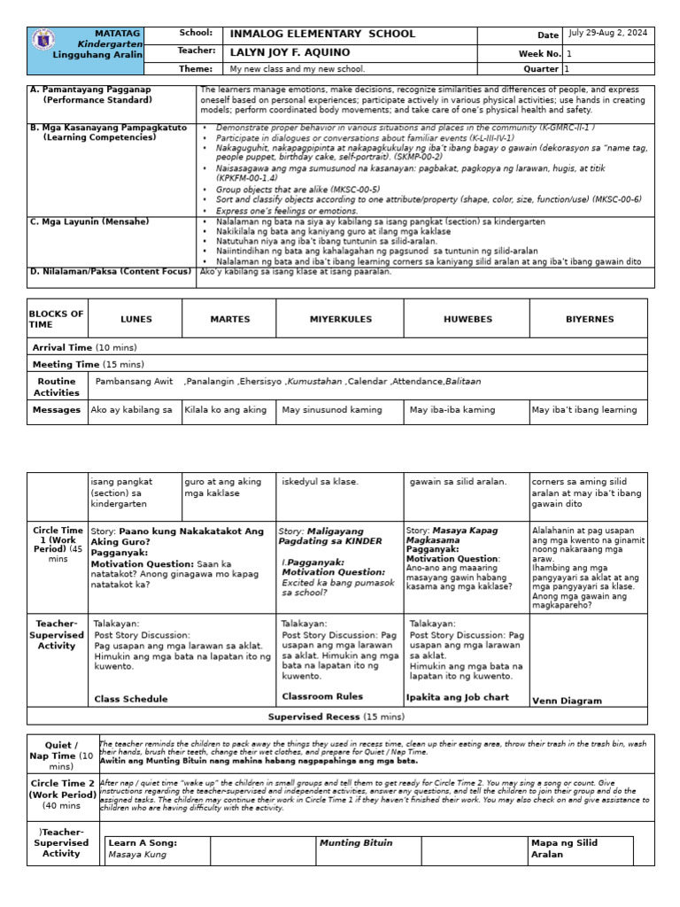 Shirley Final1 Kindergarten Matatag DLL Q1 W1 | PDF