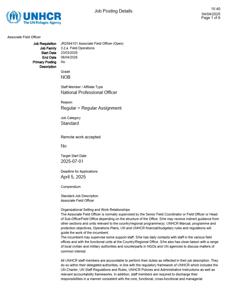 Associate Field Officer Job Posting 2025 | PDF | United Nations High ...