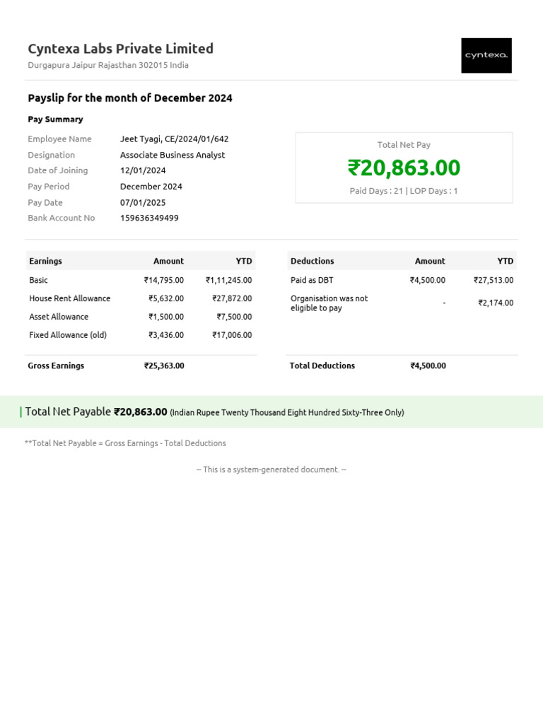 December 2024 Payslip for Jeet Tyagi | PDF