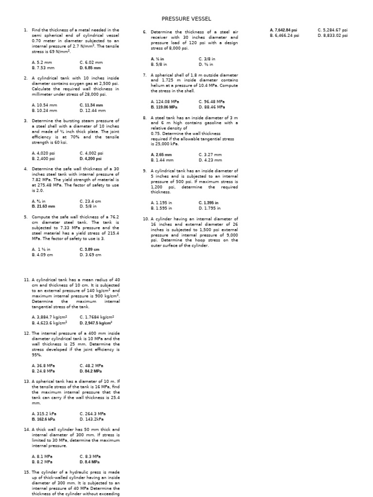 Pressure Vessel Problems | PDF | Pascal (Unit) | Stress (Mechanics)