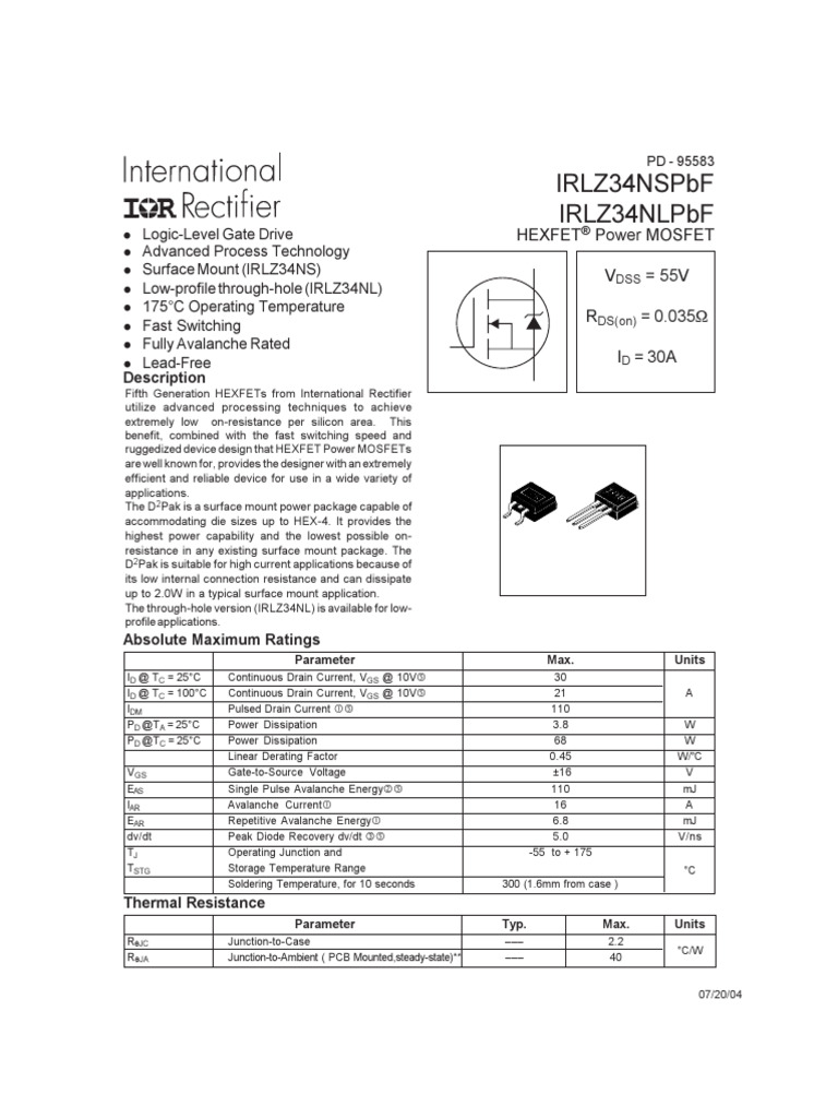 Infineon IRLZ34NS DataSheet v01 01 En | PDF | Diode | Field Effect Transistor