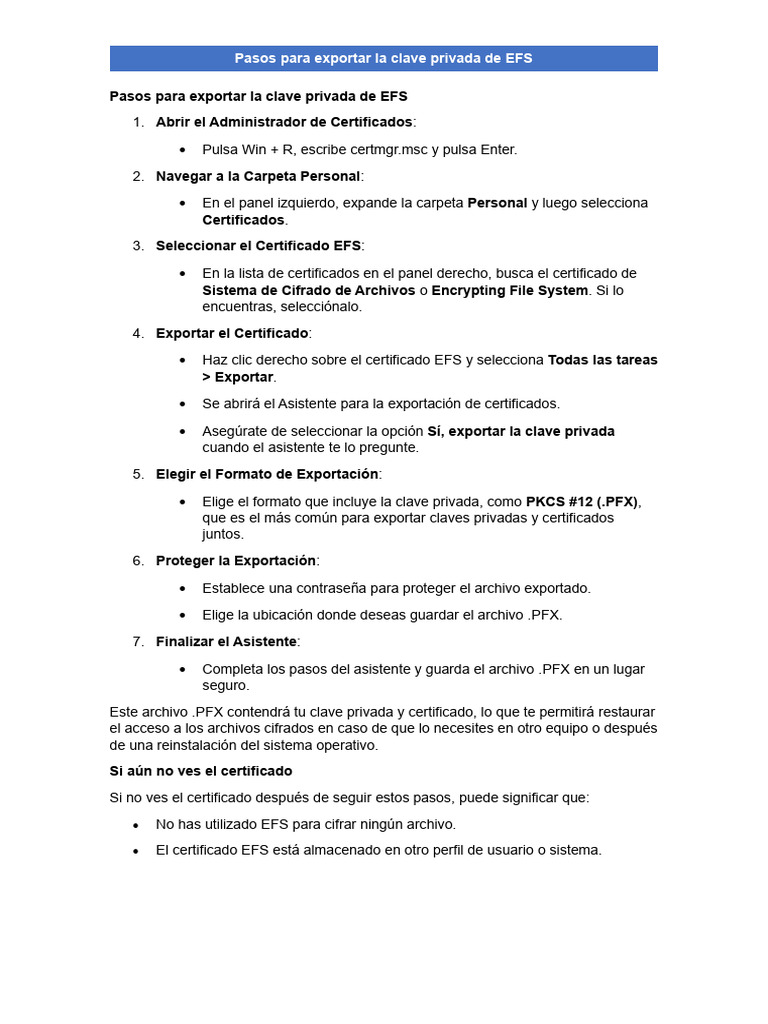 UT1 Pasos para exportar la clave privada de EFS | PDF