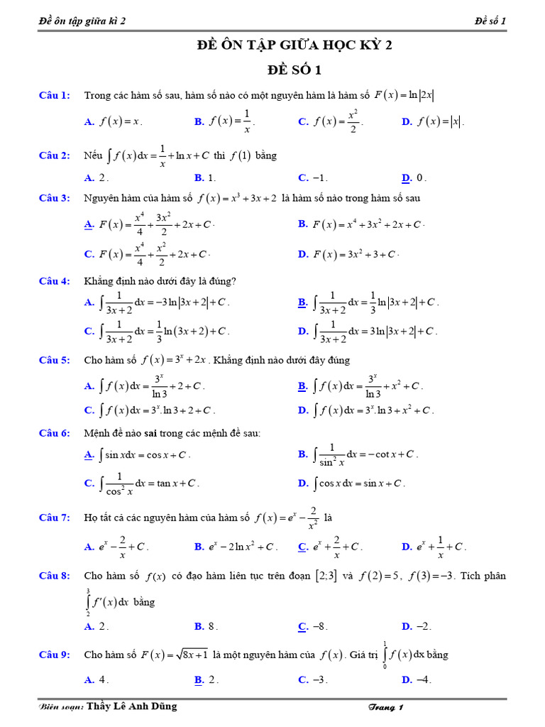 Đề ôn tập ktgk Toán 12 | PDF