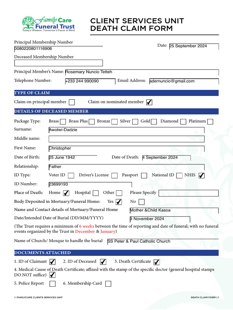 FamilyCare - Death Claim Form | PDF | Payments