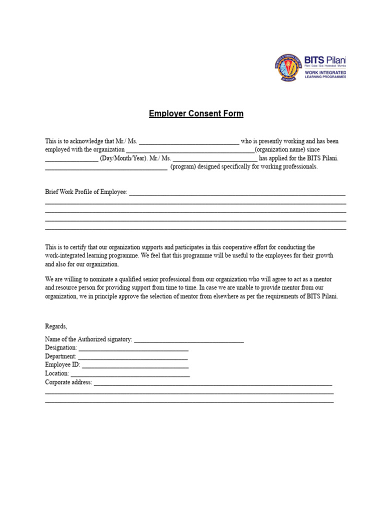 BITS Pilani Employer Consent Form | PDF
