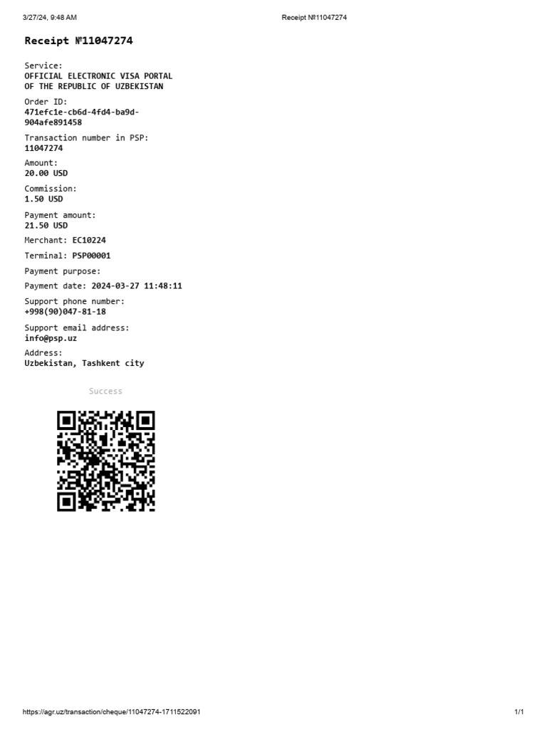 Uzbekistan Visa Portal Payment Receipt | PDF