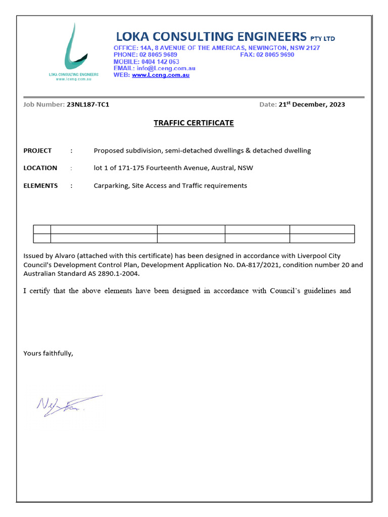 Traffic Certificate for Austral Subdivision | PDF