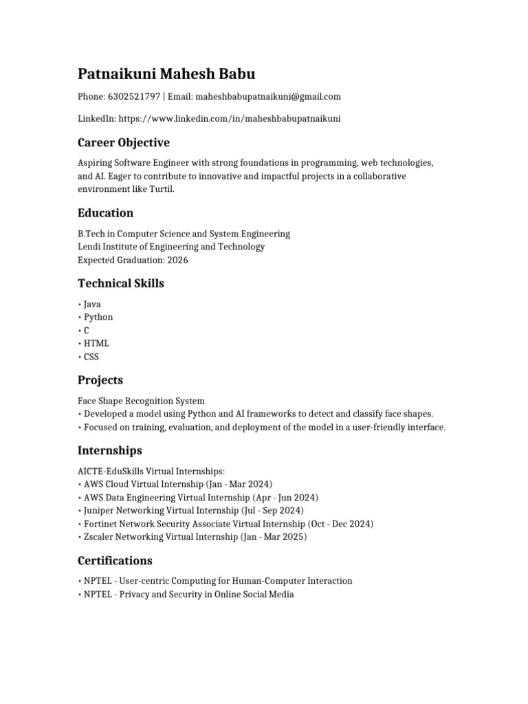 Patnaikuni Mahesh Babu Resume | PDF