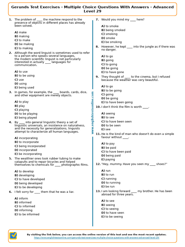 528 - Gerunds Test Exercises Multiple Choice Questions With Answers ...