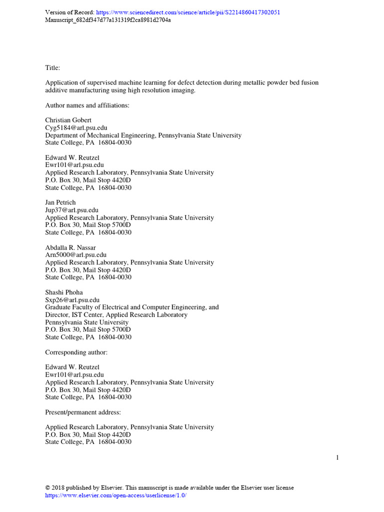 Application of Supervised Machine Learning For Defect Detection During Metallic Powder Bed ...