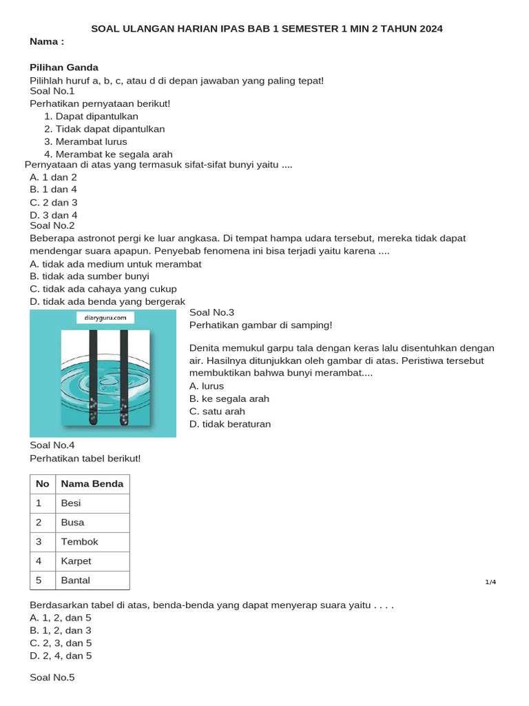 Soal IPAS Kelas 5 Bunyi Dan Sifatnya | PDF