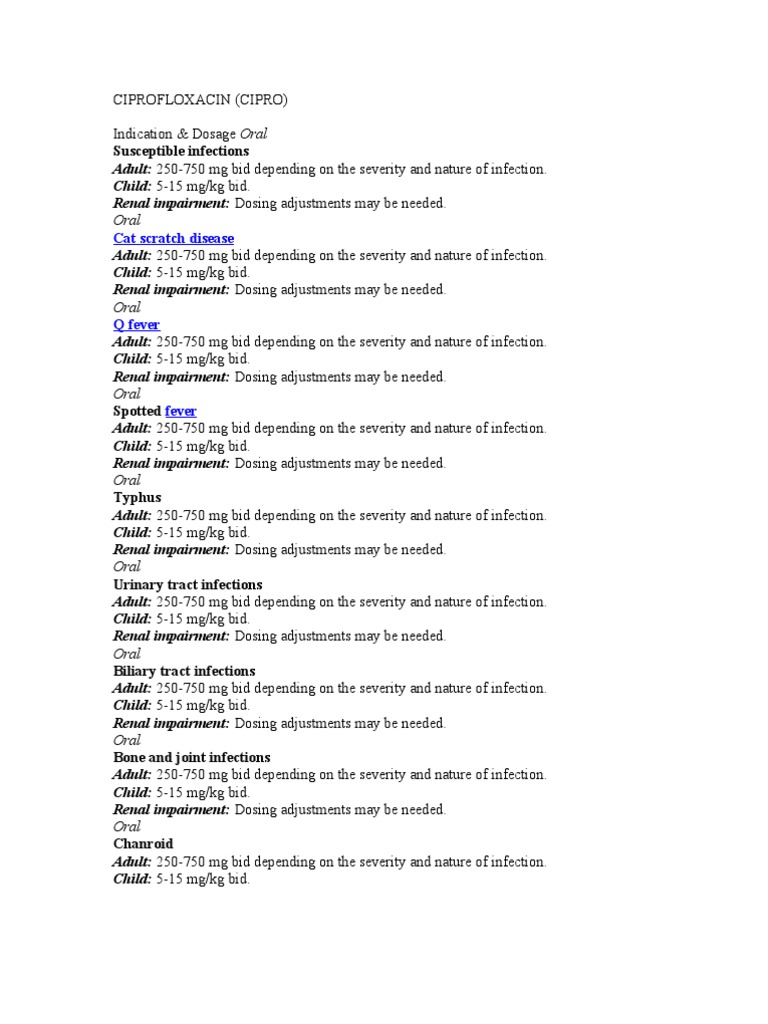 Susceptible Infections: Ciprofloxacin (Cipro) Indication & Dosage Oral ...