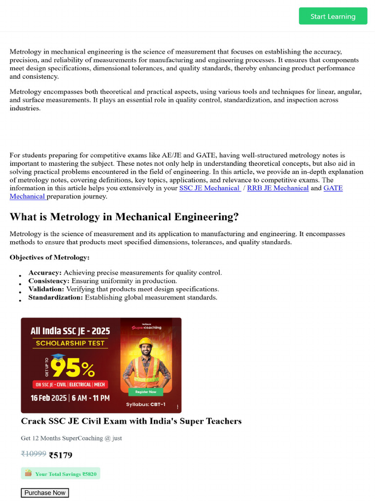 Metrology Notes - Download Subject Notes & Free PDF For AE - JE Exam | PDF