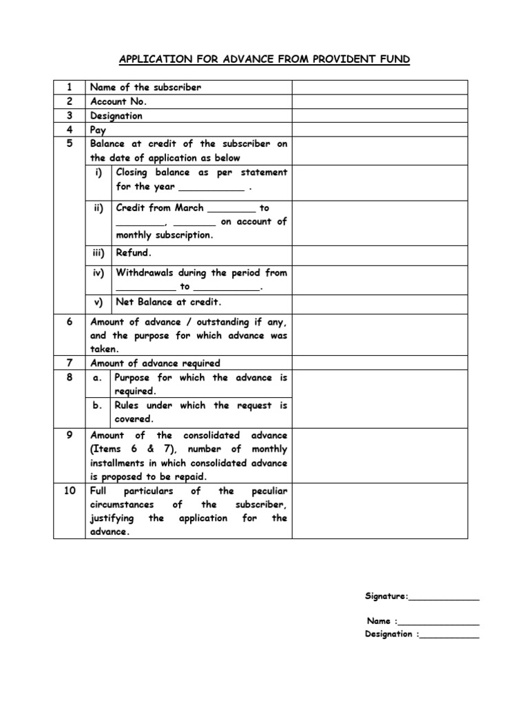Provident Fund Advance Application Form | PDF