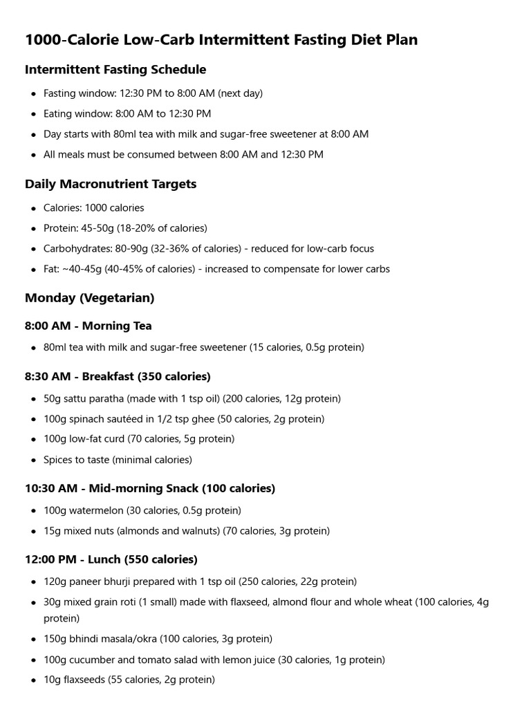 1000-Calorie Low-Carb Fasting Plan | PDF | Low Carbohydrate Diet | Chickpea