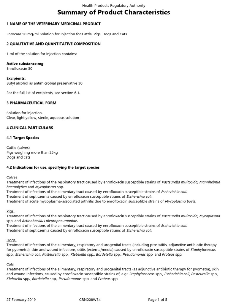 Ie SPC Enrocare 50 MGML Solution For Injection For Cattle en | PDF ...