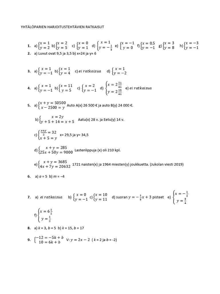 Yhtälöparien Harjoitustehtävien 2022 Ratkaisut | PDF