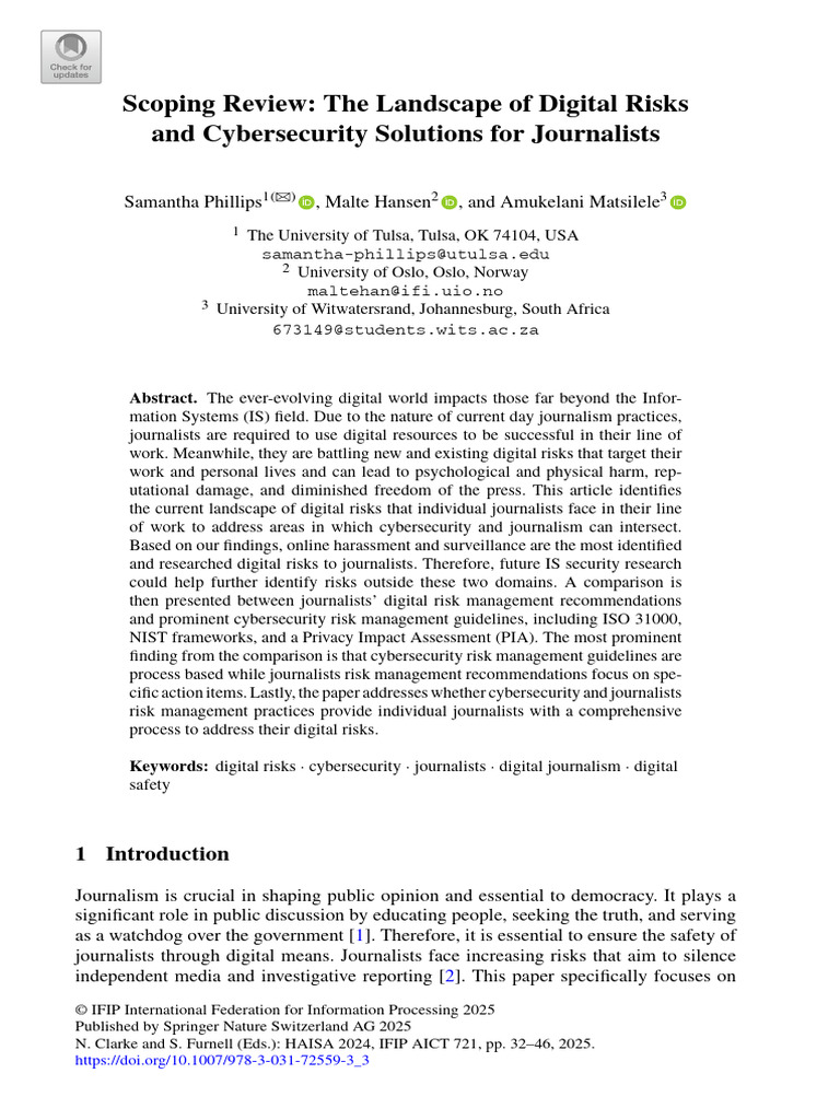 Scoping Review The Landscape Of Digital Risks And Cybersecurity Solutions For Journalists Pdf