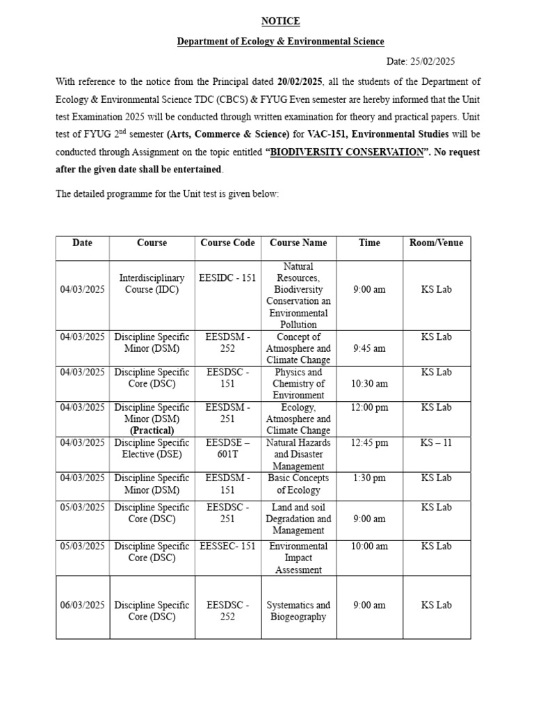 Unit Test Schedule for Ecology Students | PDF | Environmental Science ...