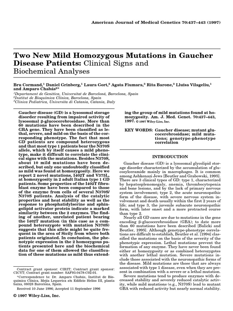 Two New Mild Homozygous Mutations in Gaucher Disease Patients: Clinical ...