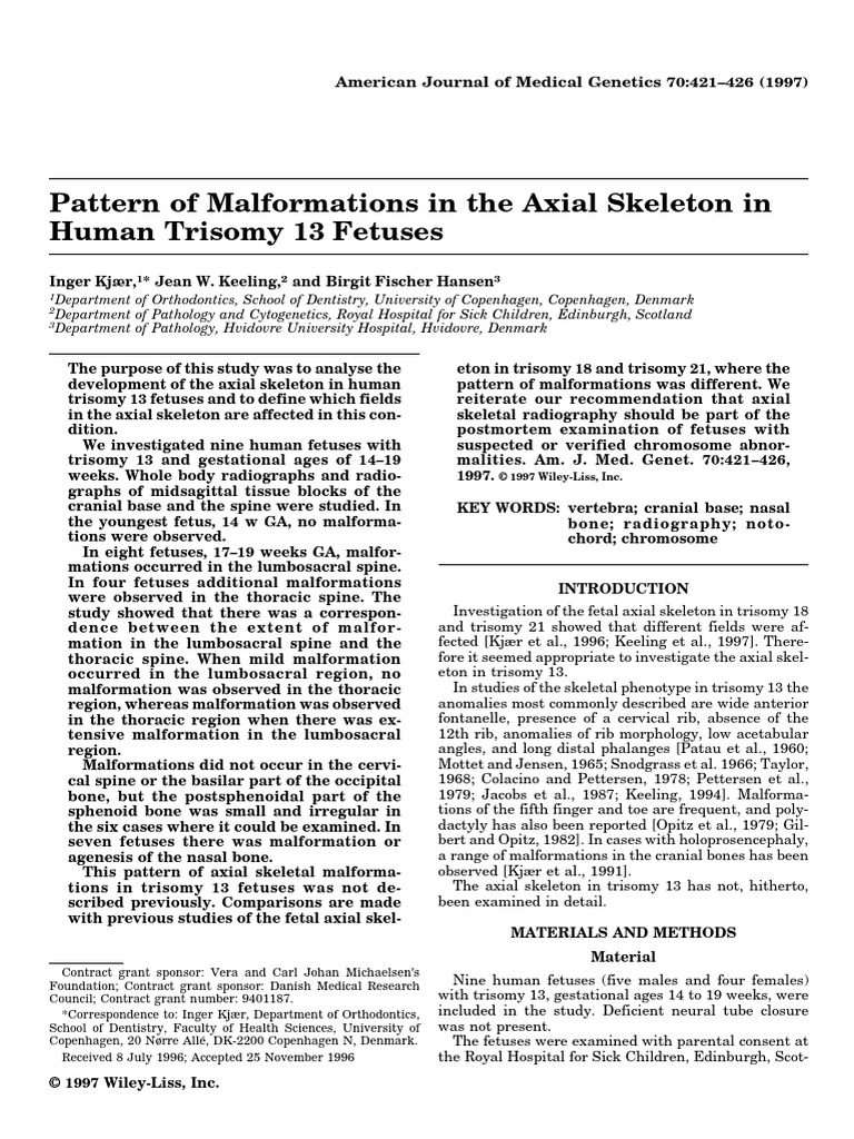 Pattern of Malformations in The Axial Skeleton in Human Trisomy 13 ...