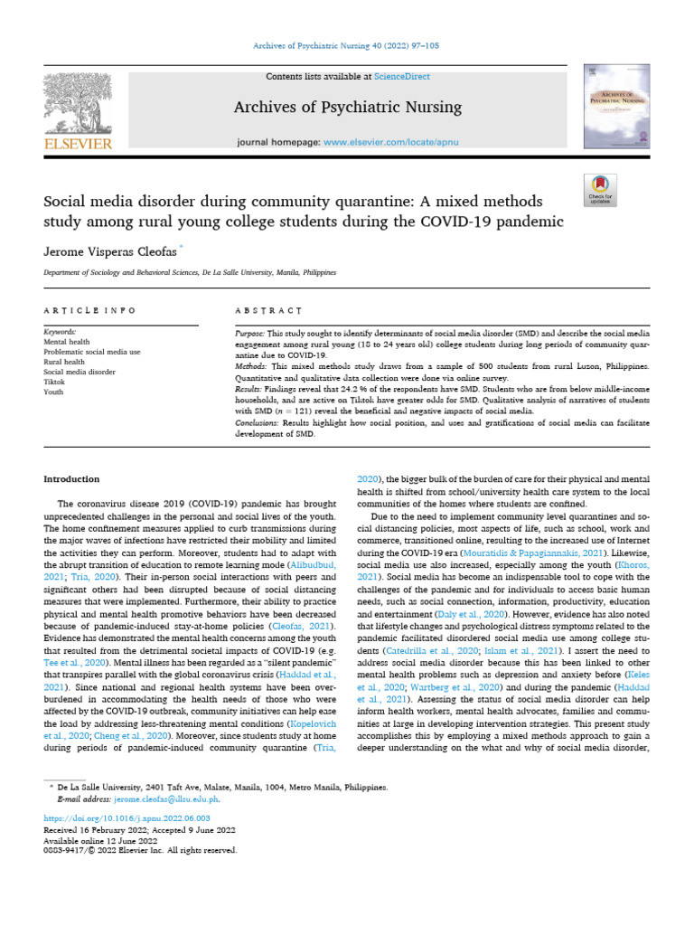 Archives of Psychiatric Nursing: Jerome Visperas Cleofas | PDF | Mental Disorder | Mental Health
