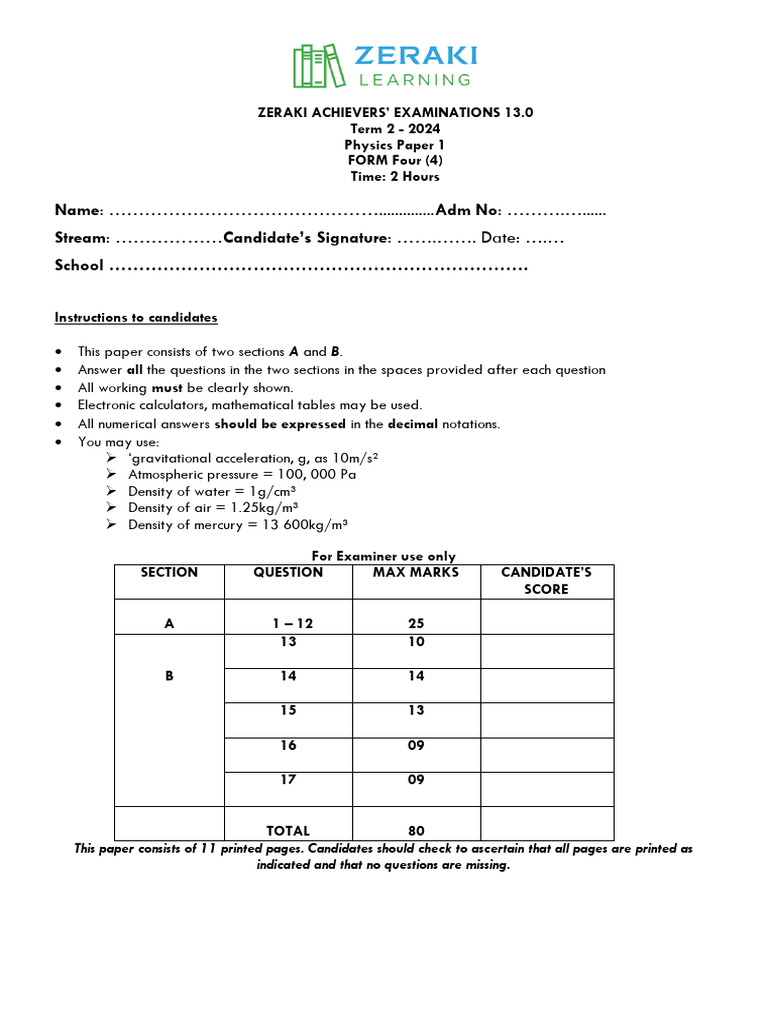 Paper 1 Question Paper Zeraki Achievers 13.0 - July 2024 | PDF | Force | Liquids