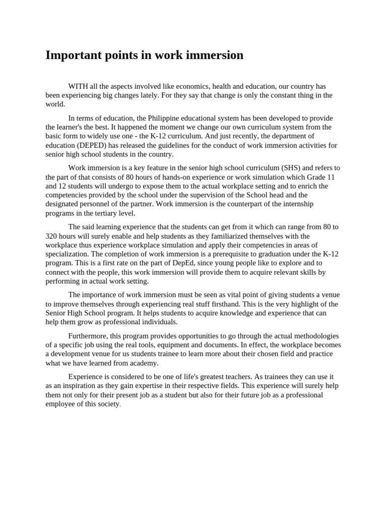 Important points in work immersion | PDF | Experience | Curriculum