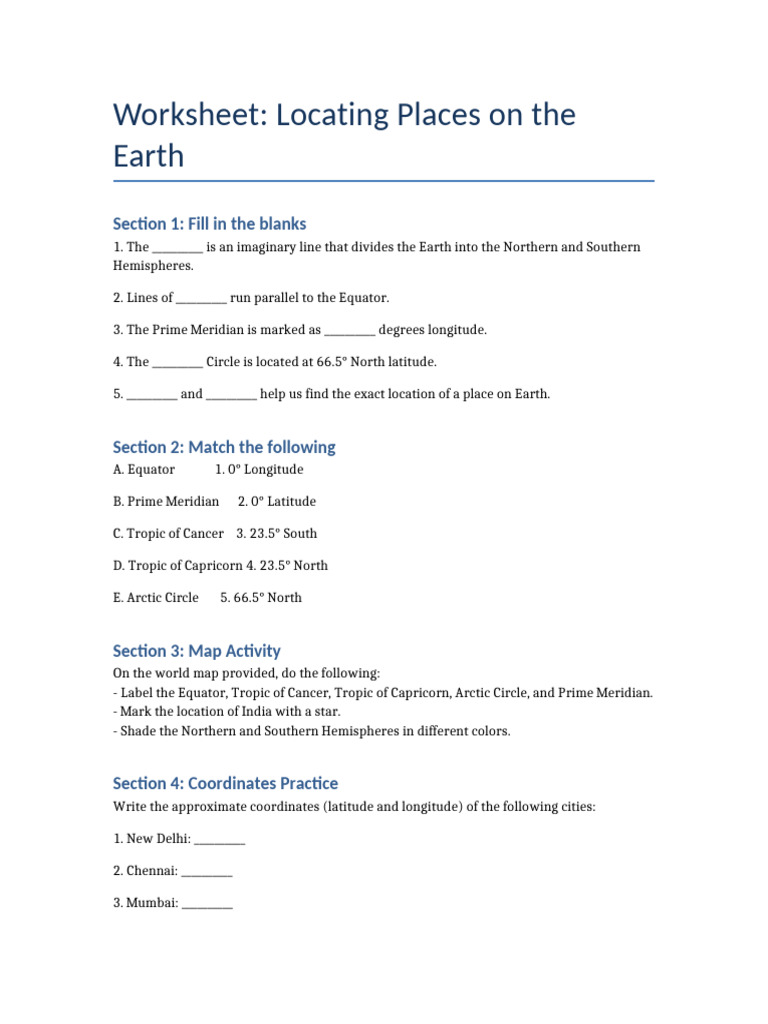 Grade 6 Worksheet Locating Places On Earth | PDF