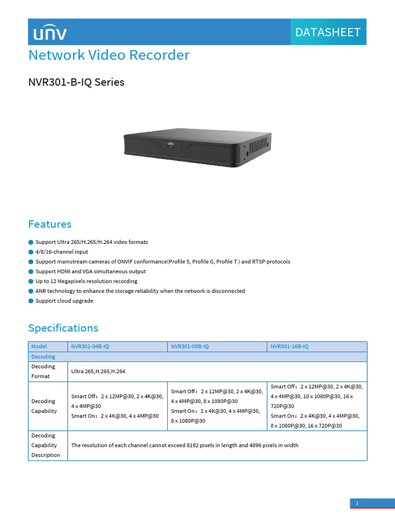 UNV NVR301-B-IQ Series Network Video Recorder | PDF | Ip Address | Hdmi
