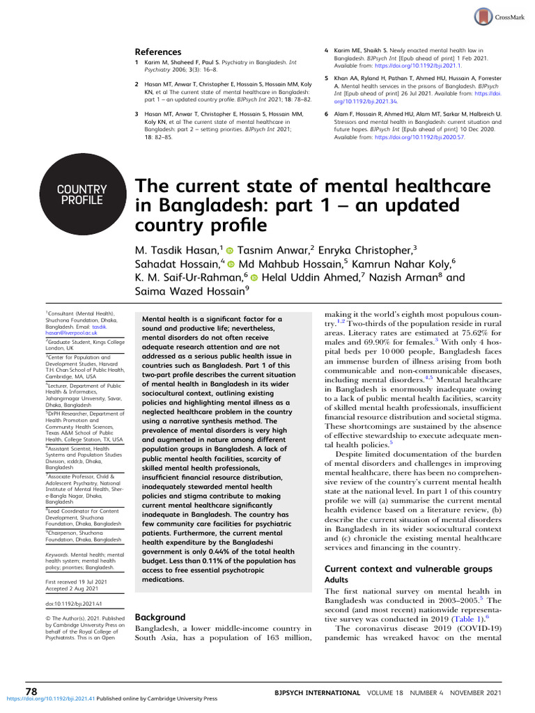 The Current State of Mental Healthcare in Bangladesh Part 1 - An Updated Country Profile | PDF ...