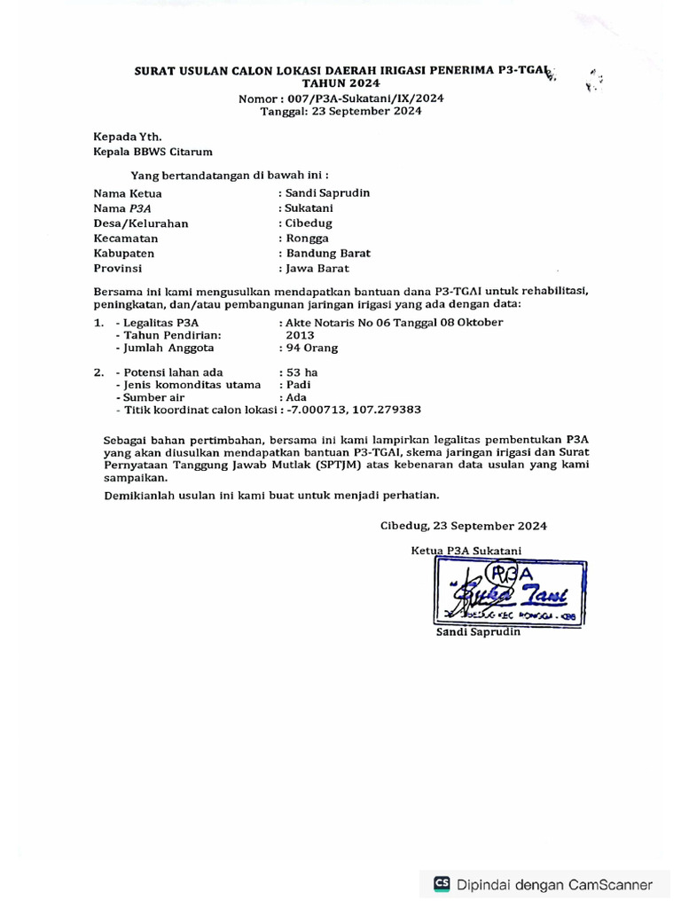 Surat Usulan, SPTJM Dan Skema Jaringan P3a Sukatani | PDF