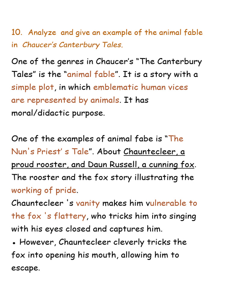 Analyze and give an example of the animal fable in Chaucer ’s ...